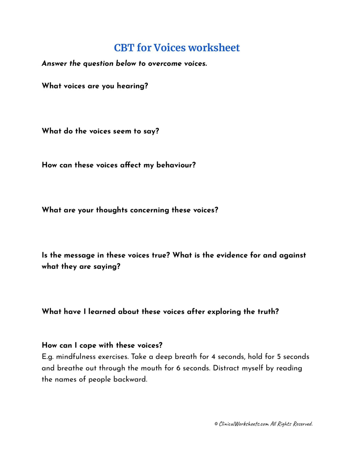CBT For Voices Worksheet Clinical Worksheets - SkillsWorksheets.com CBT For Voices Worksheet Clinical Worksheets - SkillsWorksheets.com