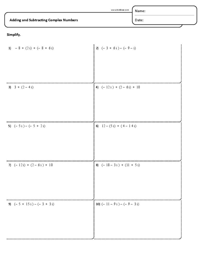 Adding And Subtracting Complex Numbers Worksheets - SkillsWorksheets.com Adding And Subtracting Complex Numbers Worksheets - SkillsWorksheets.com